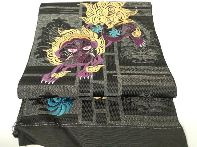 平和屋着物●アンティーク　大正ロマン　八寸名古屋帯　刺繍　唐獅子　黒地　正絹　逸品　DAAX3367az