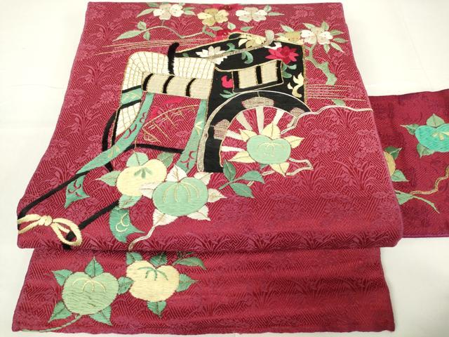 平和屋着物●アンティーク　大正ロマン　九寸名古屋帯　駒刺繍　総刺繍　御所車花文　金糸　正絹　逸品　DAAX3369az