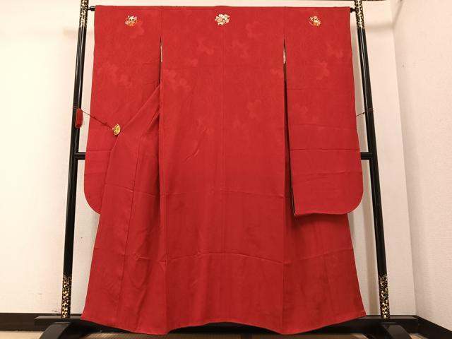 平和屋着物●豪華振袖　色無地　麻の葉桜地紋　茜色　正絹　逸品　AABB7265ph