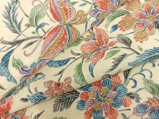 平和屋着物▽上質な紬　単衣　京友禅　花蝶文　反端付き　正絹　逸品　AABB2367fy