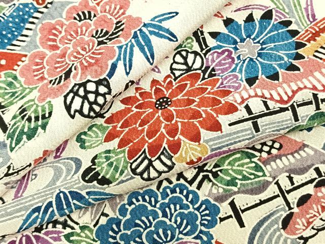 平和屋着物▽上質な小紋　単衣　型染め　風景草花文　正絹　逸品　AABB2366fy