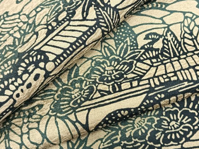 平和屋着物▽上質な小紋　単衣　藍　型染め　風景草花文　正絹　逸品　AABB2363fy