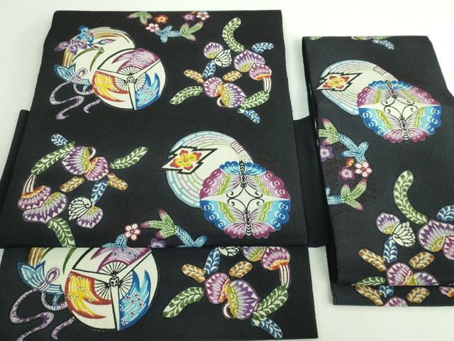 平和屋本店■極上　本場琉球紅型　琉球びんがた　知念紅型研究所　知念貞男　つけ帯　丸形蝶草花扇文様　濃い羊羹色地　逸品　DZAB0676kh5