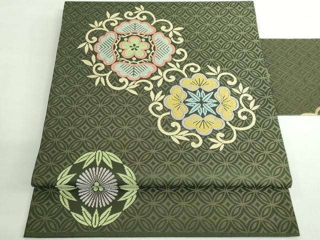 平和屋着物■極上　西陣　川島織物　九寸名古屋帯　唐織　花唐草　麹塵色地　逸品　DZAB0699kh5