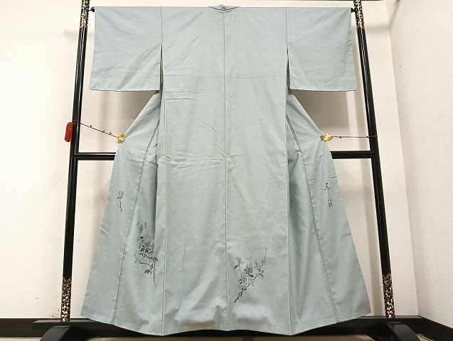 平和屋着物●友禅作家の巨匠　浅井青仁　色留訪問着　紬地　手描き　枝花文　正絹　逸品　AABB8238ph