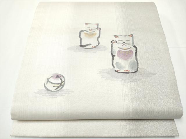 平和屋着物●京の名門　じゅらく謹製　帝王紫　九寸開き名古屋帯　まねき猫　銀通し地　正絹　逸品　CAAY9797hy