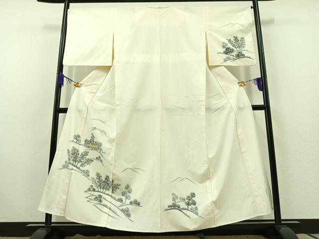 平和屋着物▽訪問着　単衣　作家物　紬地　手描き　風景文　正絹　逸品　AABC1236jh