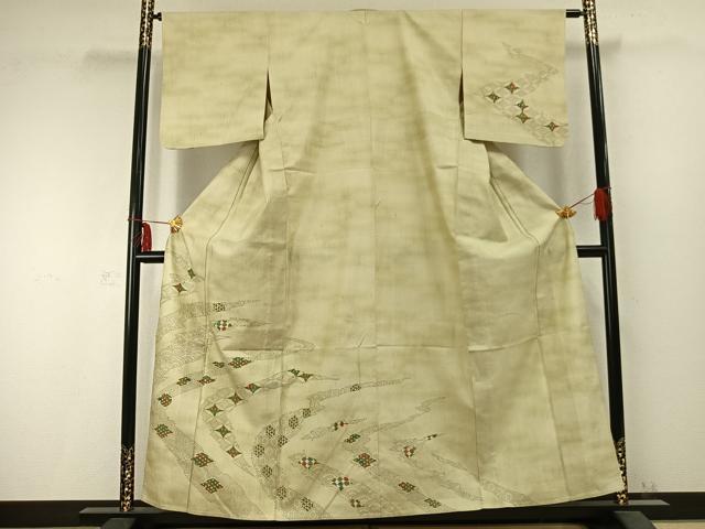 平和屋着物▽訪問着　単衣　紬地　吉祥文　正絹　逸品　AABC0352fy