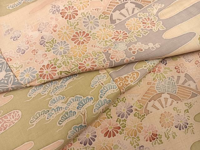 平和屋着物●上質な小紋　紬地　エ霞草花文　正絹　逸品　AABC2546ph