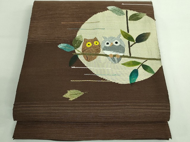 平和屋着物■極上　八寸名古屋帯　紬地　手描き　ミミズク　逸品　DZAB0991kh5