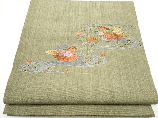平和屋着物●中国三大刺繍　スワトウ相良刺繍　総刺繍　九寸開き名古屋帯　紬地　流水鴛鴦文　正絹　逸品　CAAY9952hy
