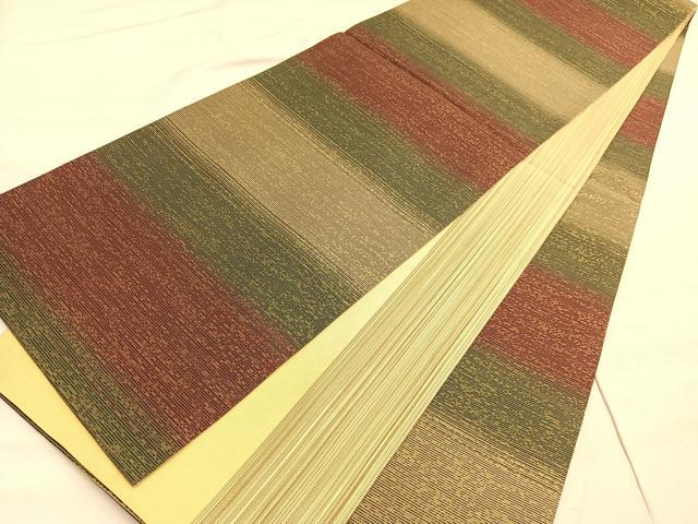 平和屋着物●両面　全通柄袋帯　横段文　金糸　正絹　逸品　BAAV5924hv