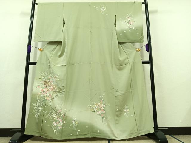 平和屋着物▽訪問着　単衣　扇面花文　暈し染め　金銀彩　正絹　逸品　AABC6182jh