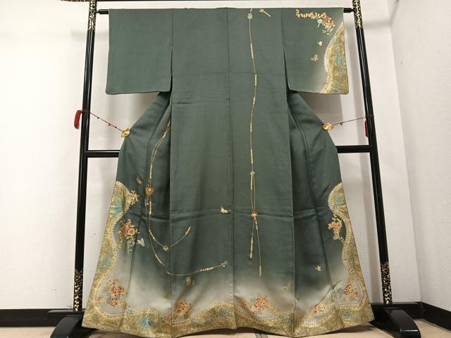 平和屋着物●螺鈿作家　甲斐泰造　訪問着　花蝶文　暈し染め　金彩　銀通し地　正絹　逸品　AABC6062ph