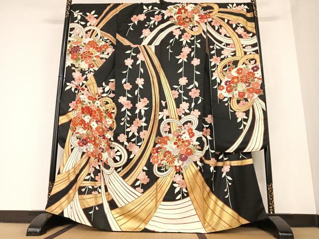 平和屋着物●豪華振袖　蔓帯花文　黒地　金彩　正絹　逸品　AABC0189zg