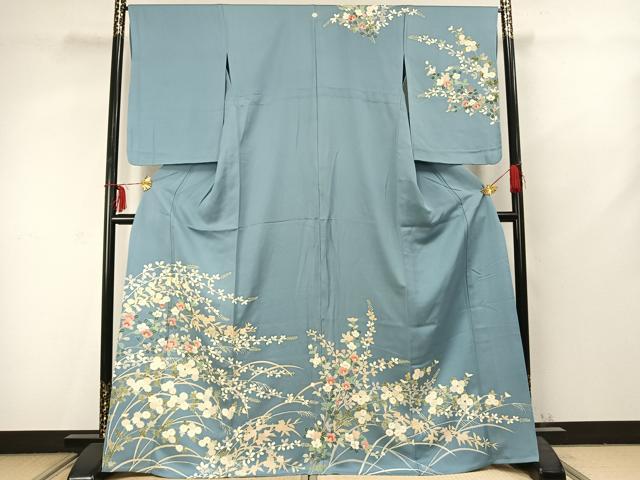 平和屋着物▽訪問着　単衣　草花文　正絹　逸品　AABC3786fy