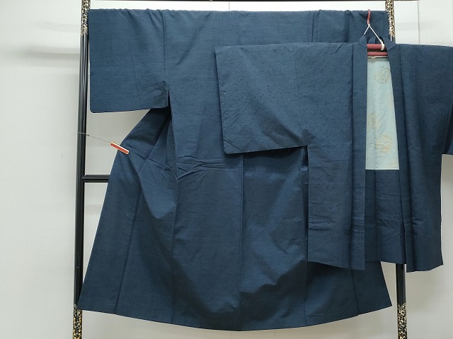 平和屋着物●男性　紬　髭紬羽織セット　色無地　濃藍色　正絹　逸品　CAAY9560th