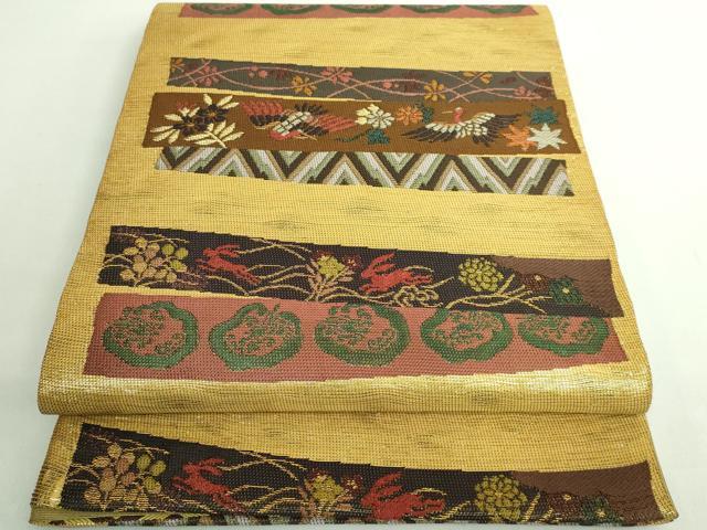 平和屋着物■極上　鷹匠　六通柄袋帯　唐織　飛鶴花文　兎　金糸　逸品　DZAB1497kh5