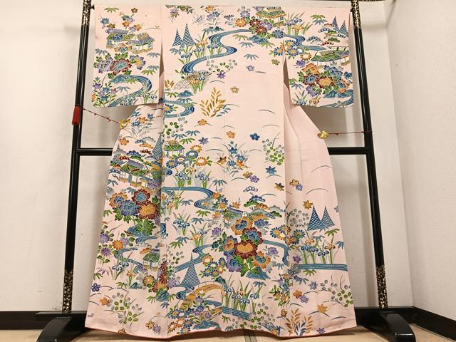 平和屋着物●訪問着　型染め　流水風景草花文　正絹　逸品　AABC9662ph