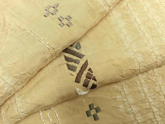 平和屋着物▽上質な紬　単衣　絞り　刺繍　間道　ロング丈　正絹　逸品　AABC4001fy