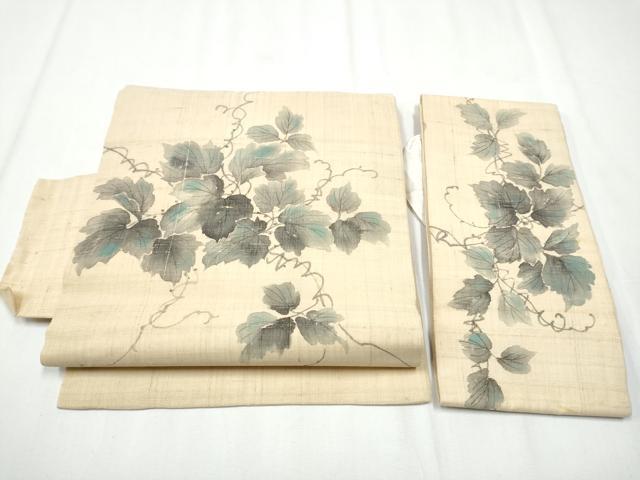 平和屋着物●つけ帯　生紬　手描き　蔦の葉文　正絹　逸品　CABA0962hy