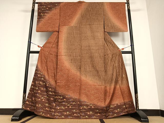 平和屋着物●創業140年　小糸染芸の四代目　小糸敏夫　訪問着　紬地　竜田川　暈し染め　金彩　正絹　逸品　AABC5026zg