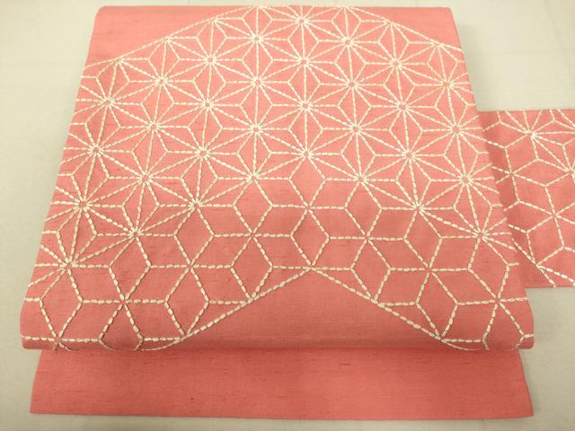 平和屋着物●九寸名古屋帯　刺し子　麻の葉文様　真朱色　正絹　逸品　DAAX8479du