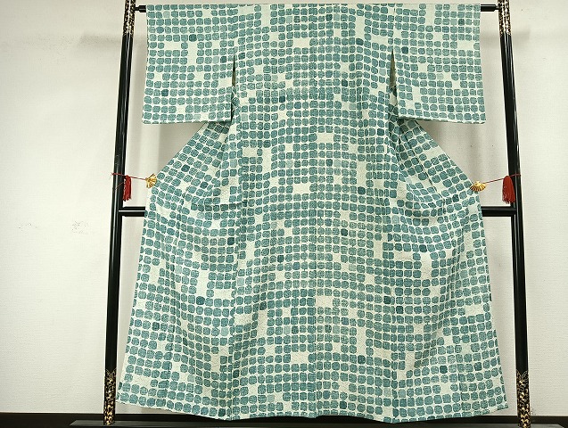 平和屋着物▽上質な小紋　単衣　幾何学文様　反端付き　正絹　逸品　AABD0019fy