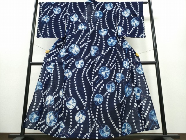 平和屋着物∴夏物　浴衣　有松鳴海絞り　団扇　よろけ縞　綿　逸品　未使用　CABA0487ng