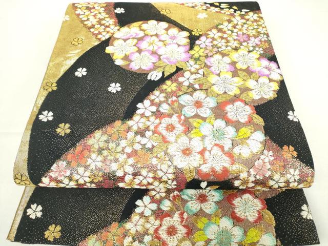 平和屋着物●両面　六通柄袋帯　舞桜　黒地　金糸　正絹　逸品　DAAY9065az