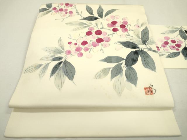 平和屋着物●塩瀬　九寸名古屋帯　作家物　手描き　南天文　正絹　逸品　DAAX9839fe