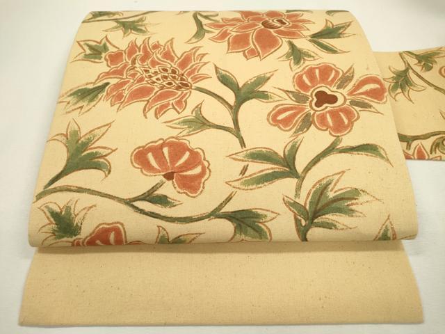 平和屋着物●九寸名古屋帯　紬地　更紗花文　正絹　逸品　DAAX9840fe