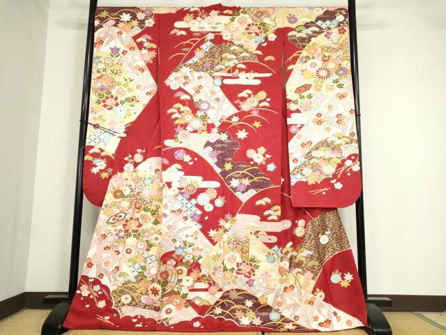 平和屋着物●豪華振袖　駒刺繍　貝桶花文　金彩　正絹　逸品　DAAY9243az