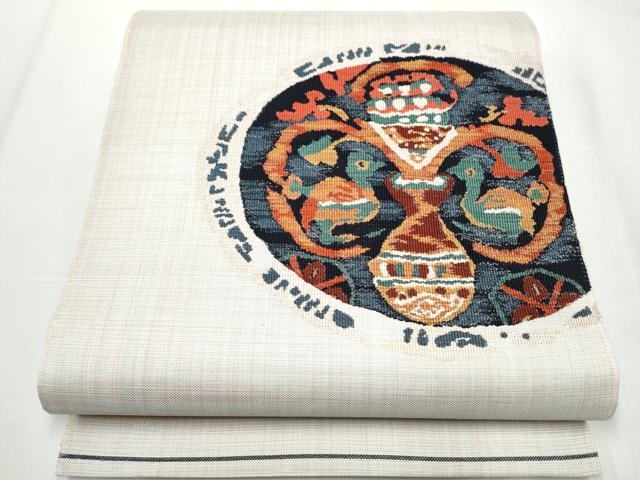 平和屋着物●太鼓柄袋帯　すくい織　向かい鳥陶器花文　正絹　逸品　CABA1163hy