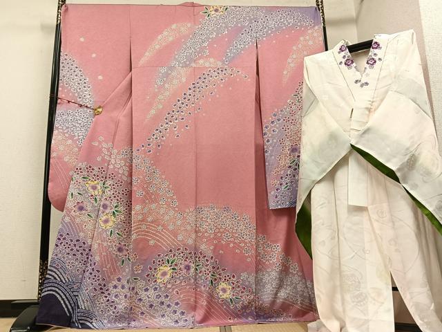 平和屋着物●豪華振袖・長襦袢(袷)セット　辻が花　暈し染め　金彩　銀通し地　正絹　逸品　AABD0984ph