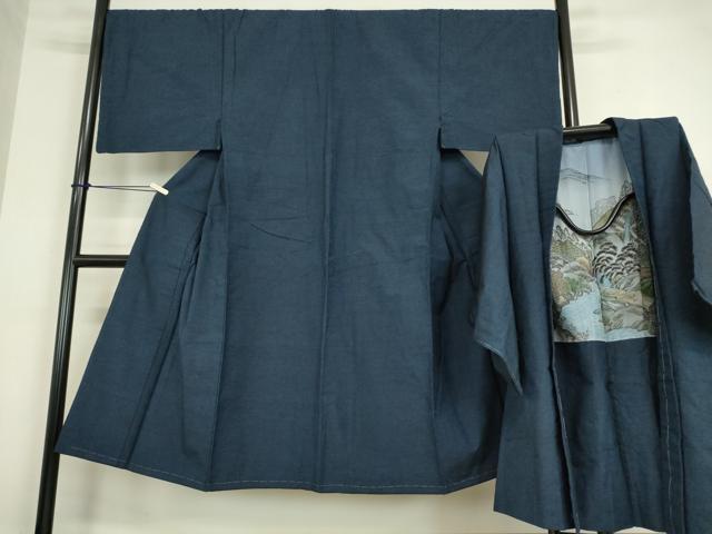 平和屋着物●男性　紬　アンサンブル　紺藍色　正絹　逸品　DAAY9353az