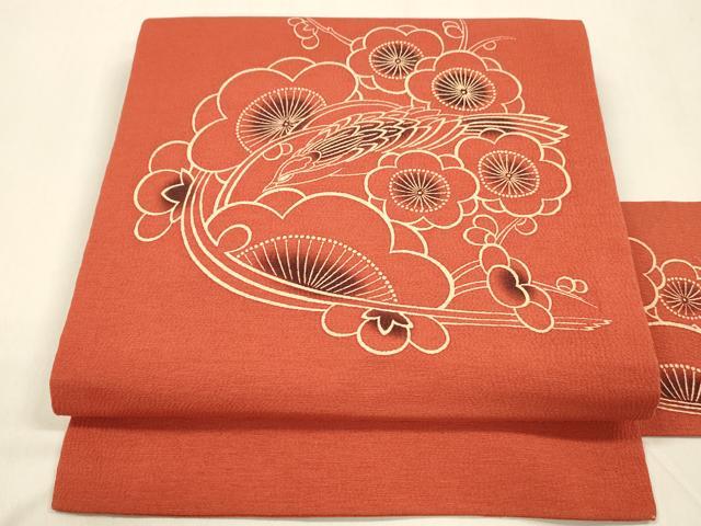 平和屋着物●九寸名古屋帯　型染　枝花文　鬼しぼ縮緬　正絹　逸品　DAAZ4424cm