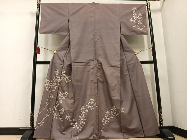 平和屋着物●訪問着　紬地　手描き　ろうけつ染め　枝花文　正絹　逸品　AABD7046ph
