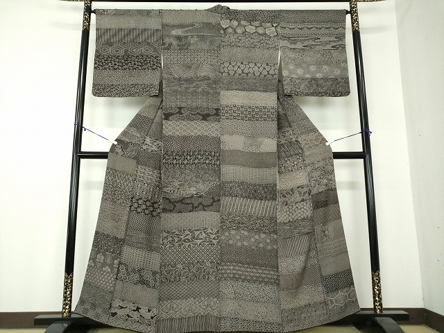 平和屋着物●江戸小紋　百柄　横段花文　黒地　正絹　逸品　DABA1004ps