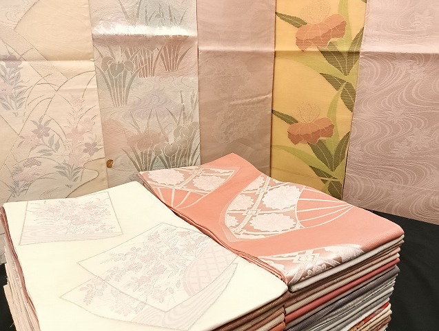 平和屋着物■夏物 袋帯 絽 紗 まとめて 50点 菖蒲 花柄 竜田川文様 正倉院 金銀糸 など 未使用品あり 全て正絹 mmm951