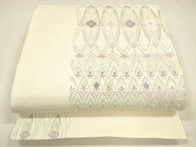 平和屋着物＊夏物　六通柄袋帯　抽象花文　銀糸　真珠箔　引箔　正絹　逸品　DABA0086cm