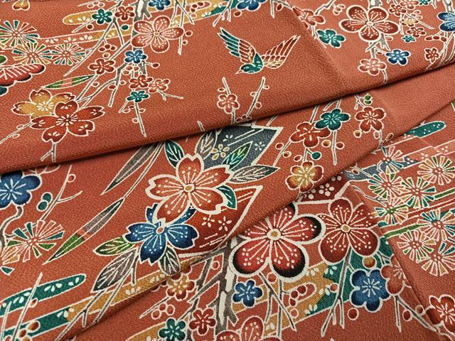 平和屋着物●上質な小紋　型染め　花鳥文　鬼しぼ縮緬　ロング丈　正絹　逸品　AABD8845ph