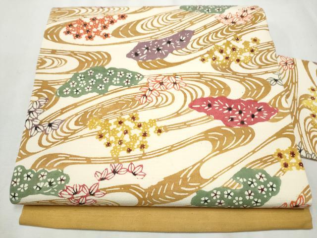 平和屋着物●九寸名古屋帯　紬地　型染め　流水草花文　正絹　逸品　CABB0460hy