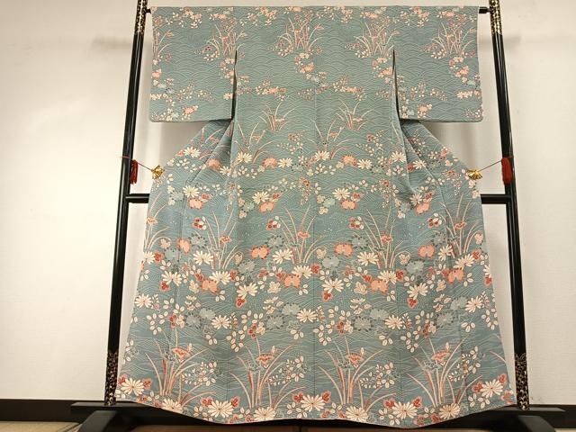 平和屋着物●訪問着　草花文　鬼しぼ縮緬　正絹　逸品　AABD8723fy