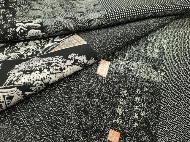 平和屋着物●伝統工芸士 染谷梅治　訪問着　江戸小紋　寄せ小紋柄　人物風景文　黒地　さが美扱い　正絹　逸品　未使用　CABA9678gh