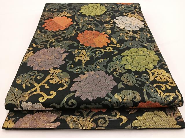 平和屋着物●西陣　服部織物謹製　六通柄袋帯　こはく錦　牡丹唐草文　黒地　金糸　引箔　正絹　逸品　BAAV7470yc
