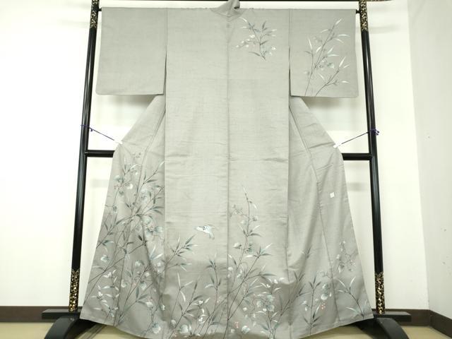 平和屋着物●訪問着　紬地　作家物　雀　南天文　正絹　逸品　DABA1449ps