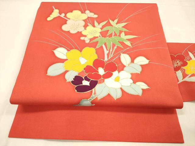 平和屋着物●塩瀬　九寸名古屋帯　駒刺繍　笹竹枝花文　金彩　正絹　逸品　DABA0639cm