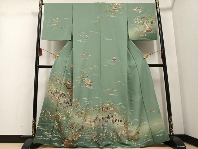 平和屋着物●蘇州刺繍　訪問着　人物風景草花文　暈し染め　金糸　正絹　逸品　AABE3942ph