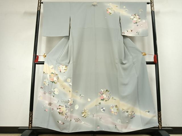 平和屋着物●訪問着　駒刺繍　草花文　暈し染め　金彩　正絹　逸品　未使用　AABE1939fy